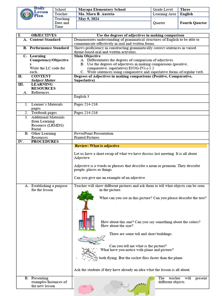 English 3 - Use of the degree of adjectives in making comparison- Austria, Ma. Maru | PDF ...