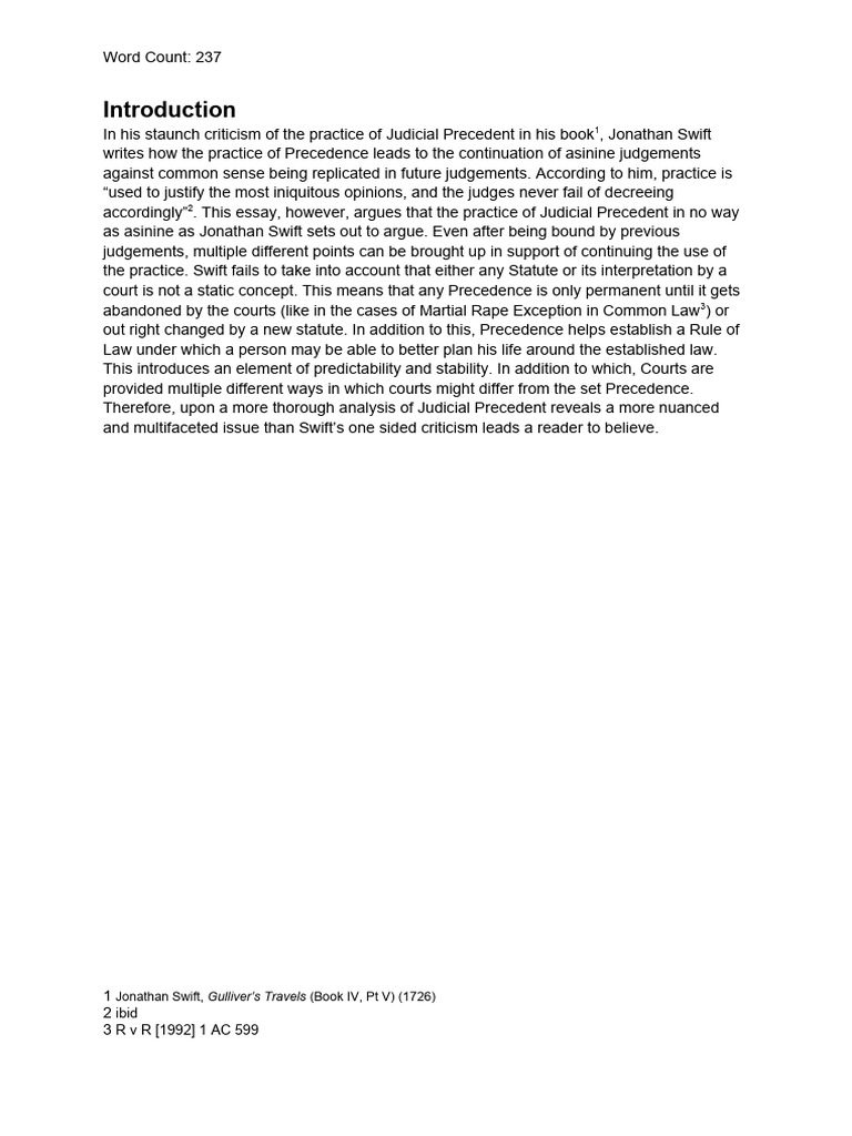 Bad Introduction For Judicial Precedence Essay | PDF
