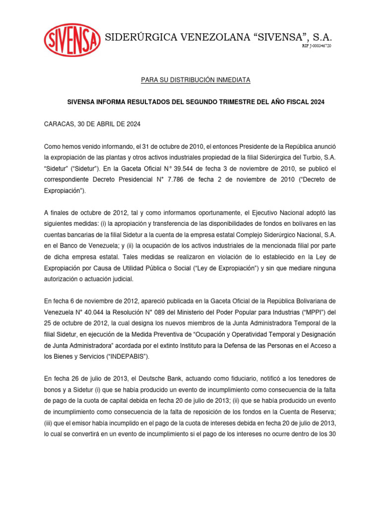 Resultados Trimestrales de Sivensa 2024 | PDF | Tipo de cambio ...