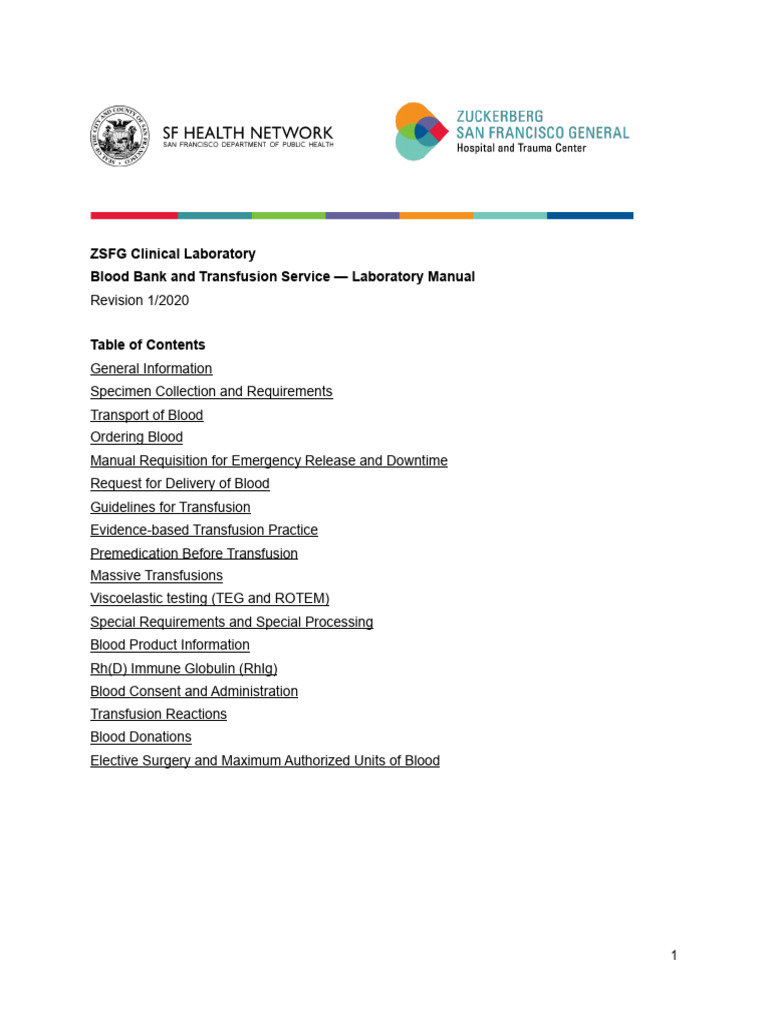 ZSFG Blood Bank Transfusion Manual | PDF | Blood Transfusion | Coagulation