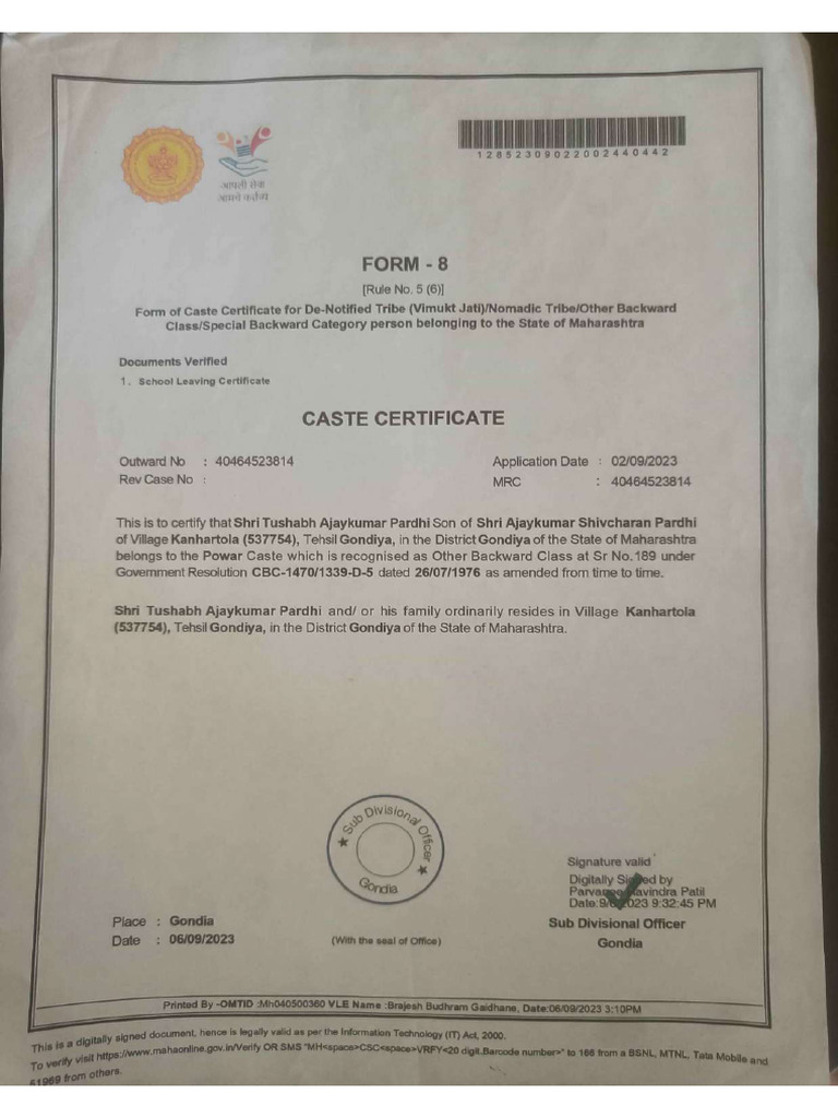 Caste Certificate Tushabh | PDF
