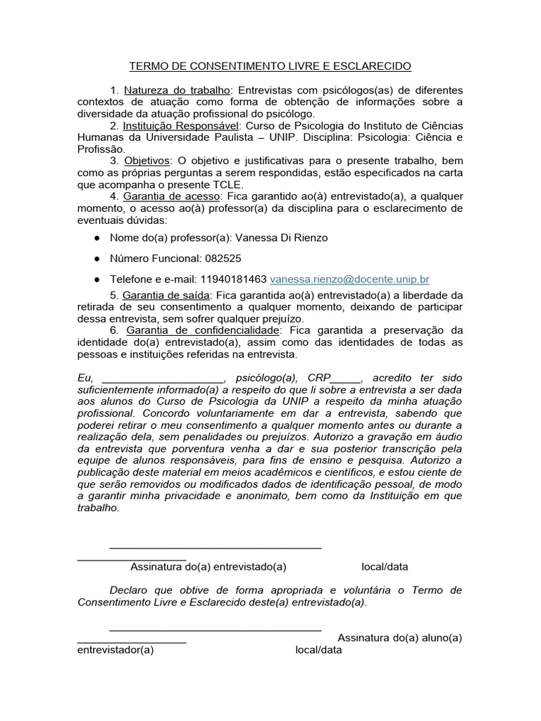 Termo de Consentimento Livre e Esclarecido | PDF | Psicologia | Science