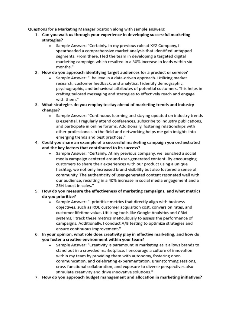 Questions For A Marketing Manager Position Along With Sample Answers ...