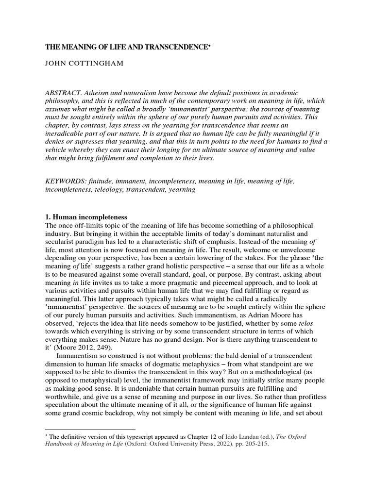 JohnCottingham The Meaning of Life and Transcendence | PDF | Meaning Of ...