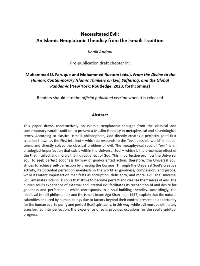 Necessitated Evil An Islamic Neoplatonic | PDF | God | Islamic Philosophy