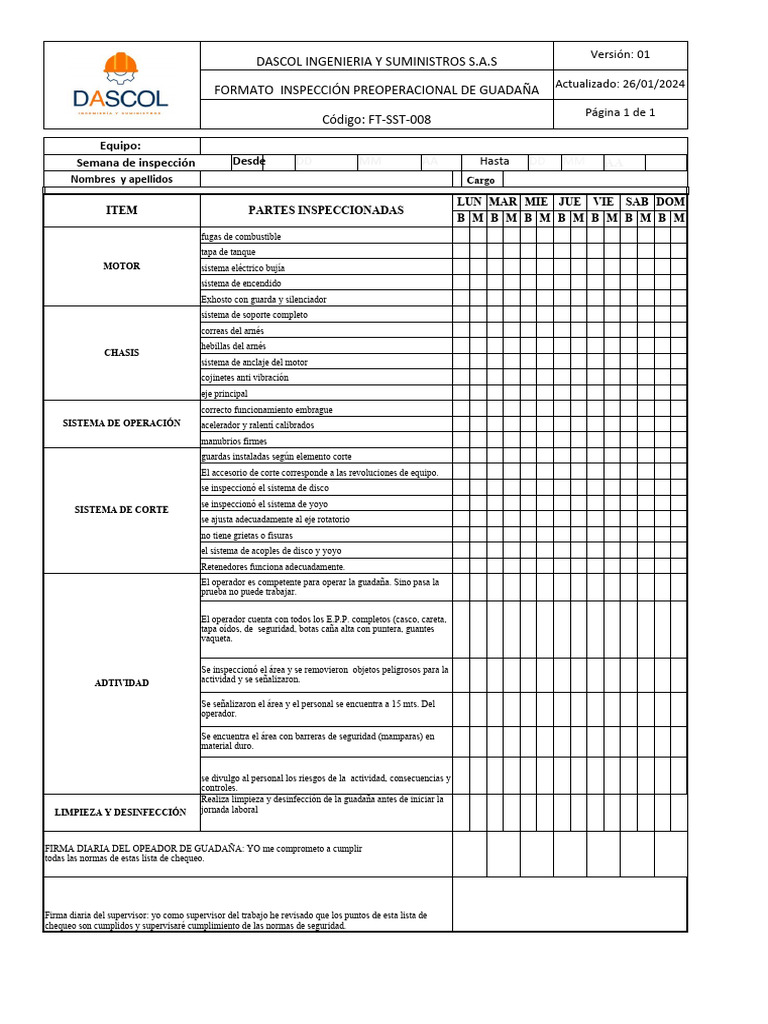 FT-SST-008 Formato Inspección Guadaña | PDF | Vehículos FT-SST-008 Formato Inspección Guadaña | PDF | Vehículos