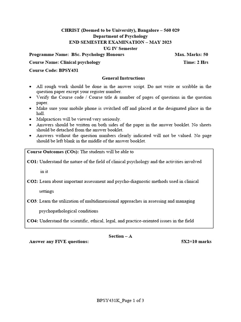 Clinical End Sem 2023 | PDF | Clinical Psychology | Psychology