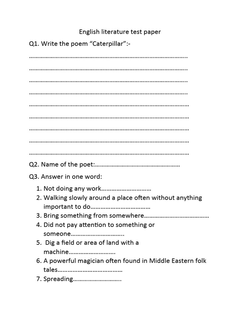 English Literature Test Paper Class 2 | PDF