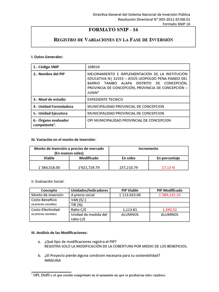 Formato Snip 16 Concepcion | PDF | Economias