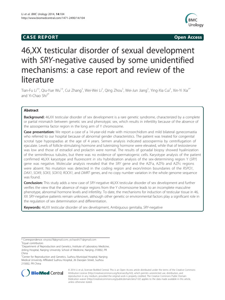 46, XX Testicular Disorder of Sexual Development With SRY-negative ...