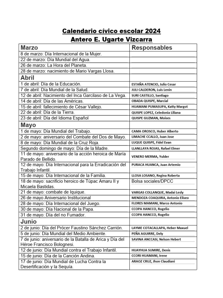Calendario cívico escolar 2024 | PDF | Perú | América del Sur