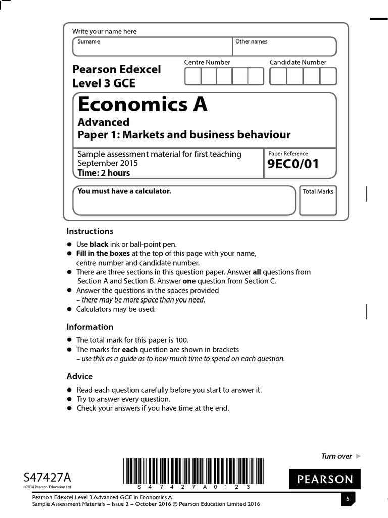 Specimen-2015 A2 Paper-1 QP Edexcel | PDF | Elasticity (Economics) | Demand