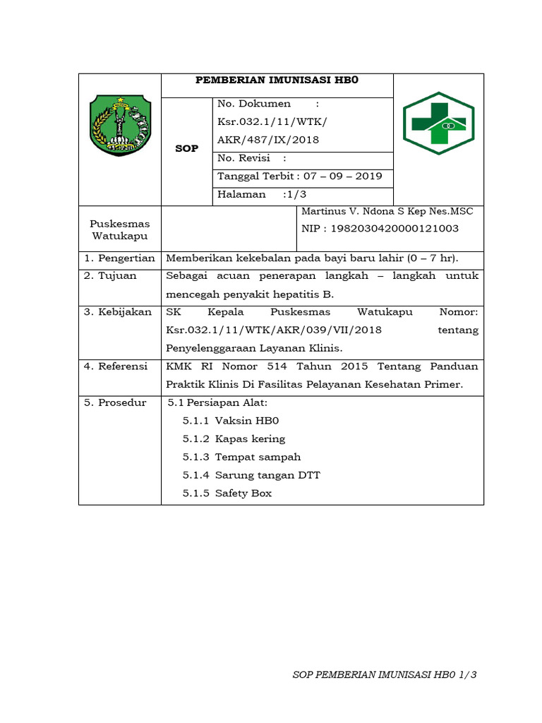 Sop Pemberian Imunisasi HB0 | PDF