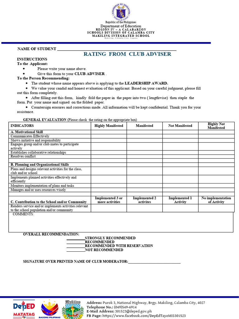 Leadership Rating of Club Adviser | Download Free PDF | Leadership ...