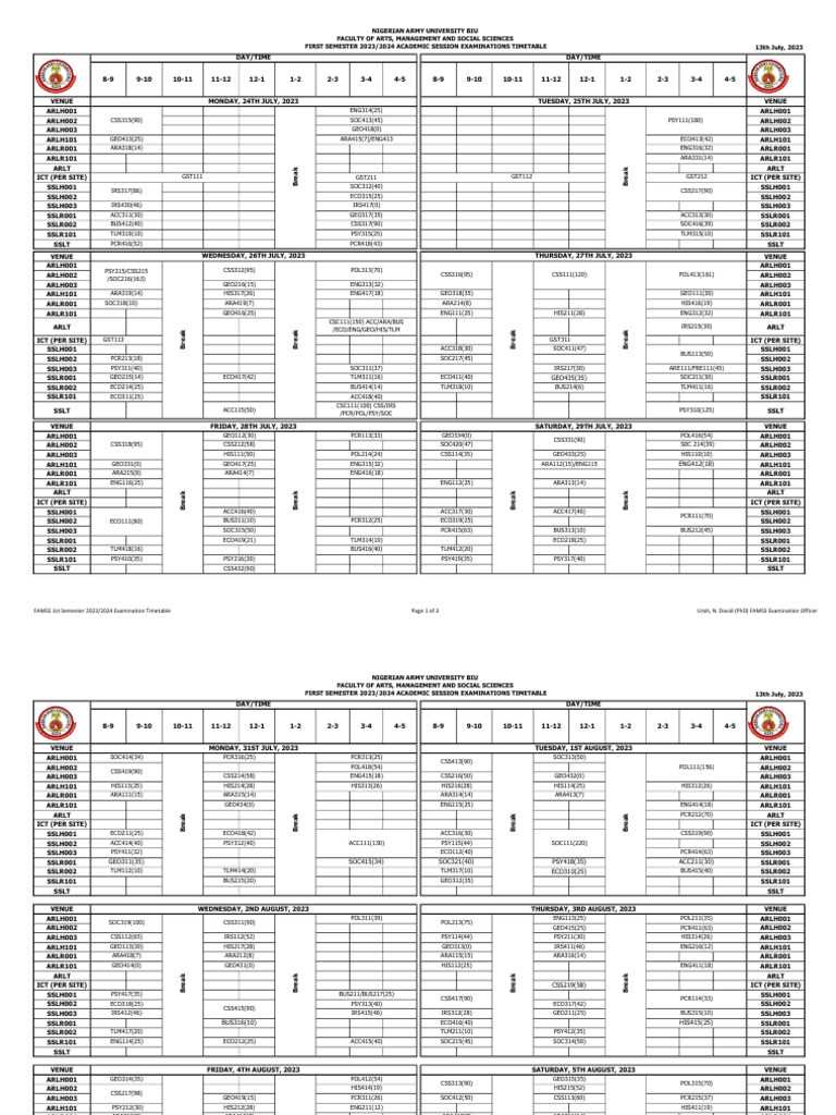 First Semester Examination Timetable 2023-2024 Academic Session-1 | PDF | Academic Term