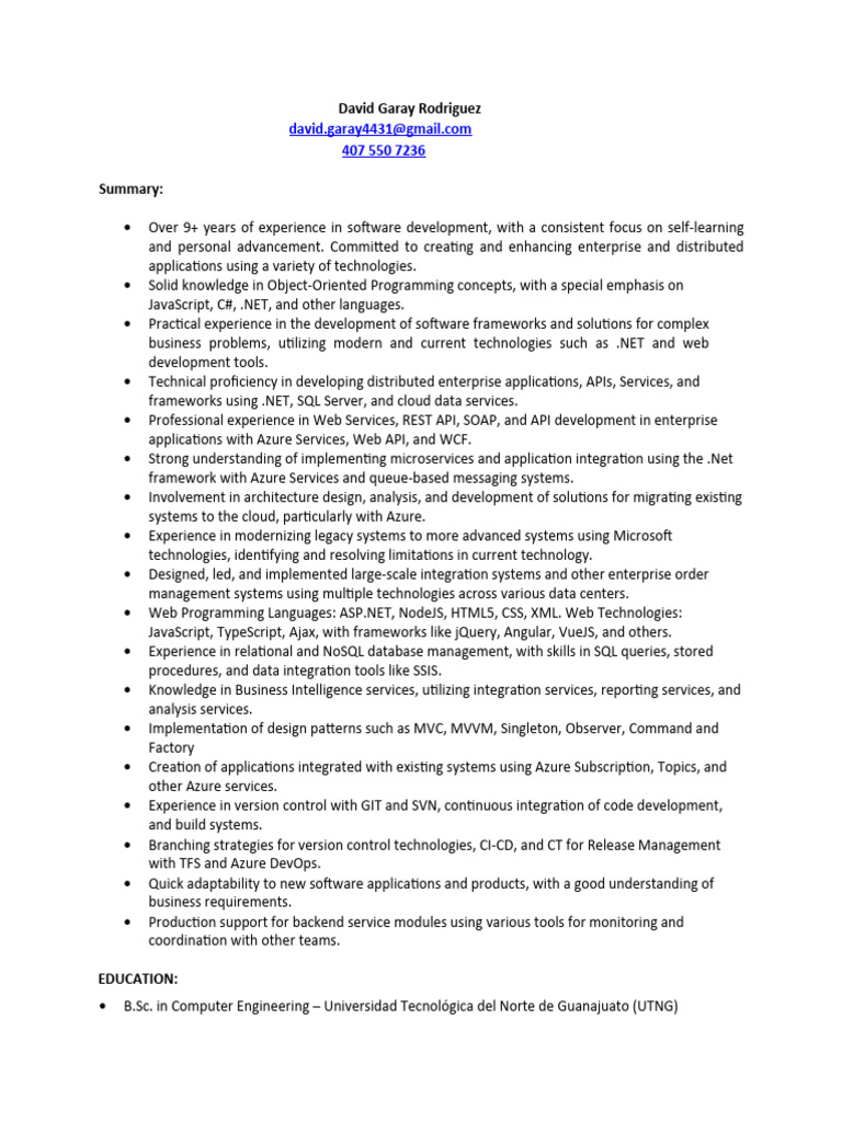 David Garay - Updated Resume | PDF | Language Integrated Query | Entity ...