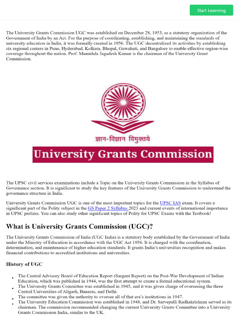 University Grants Commission UGC - Working, Functions, Drawbacks! | PDF