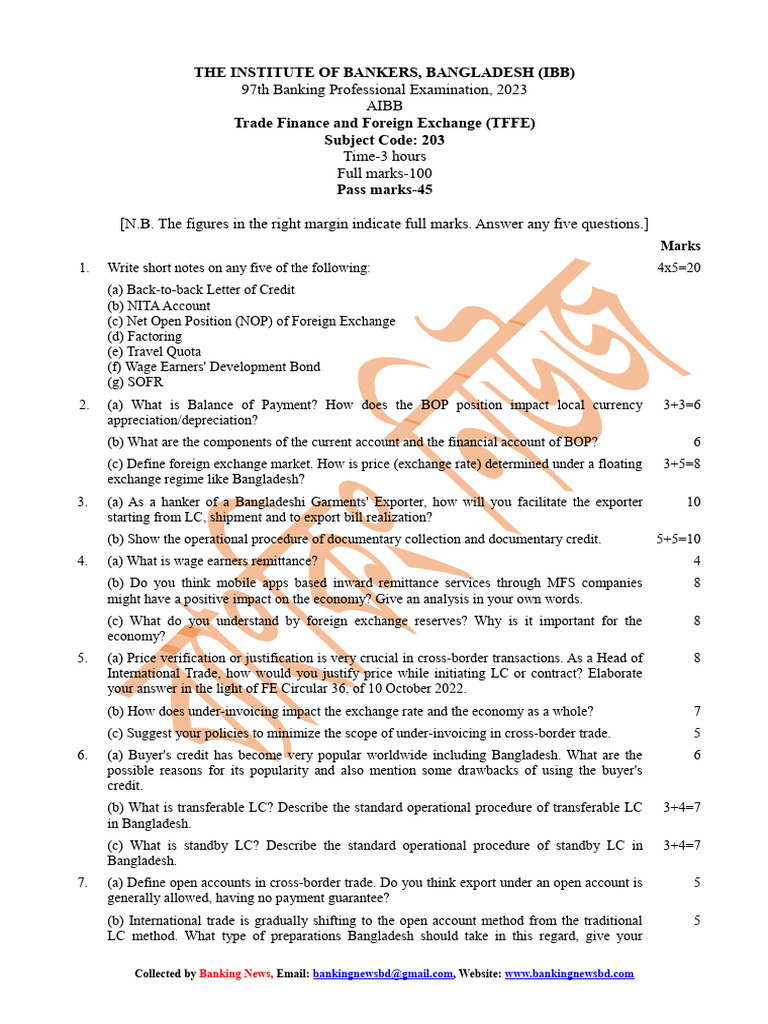 AIBB Trade Finance Exam Questions | PDF | Exchange Rate | Exports