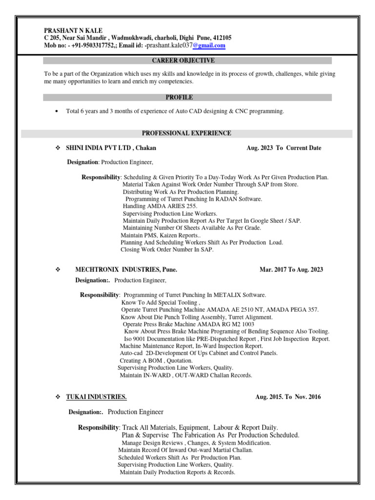 Prashant Kale - CV Sup 2023 | PDF | Engineering