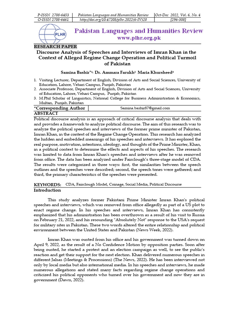 Discourse Analysis of Speeches and Interviews of Imran Khan in The Context of Alleged Regime ...