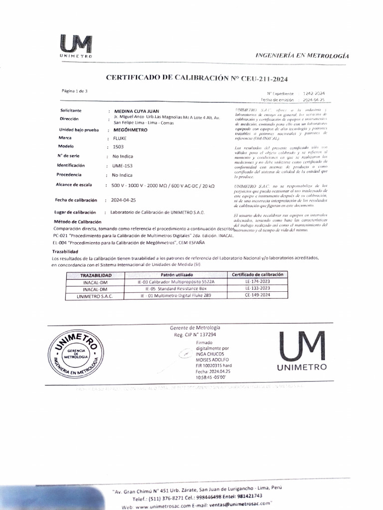 Cert. de calibracion | PDF | Calibración | Metrología