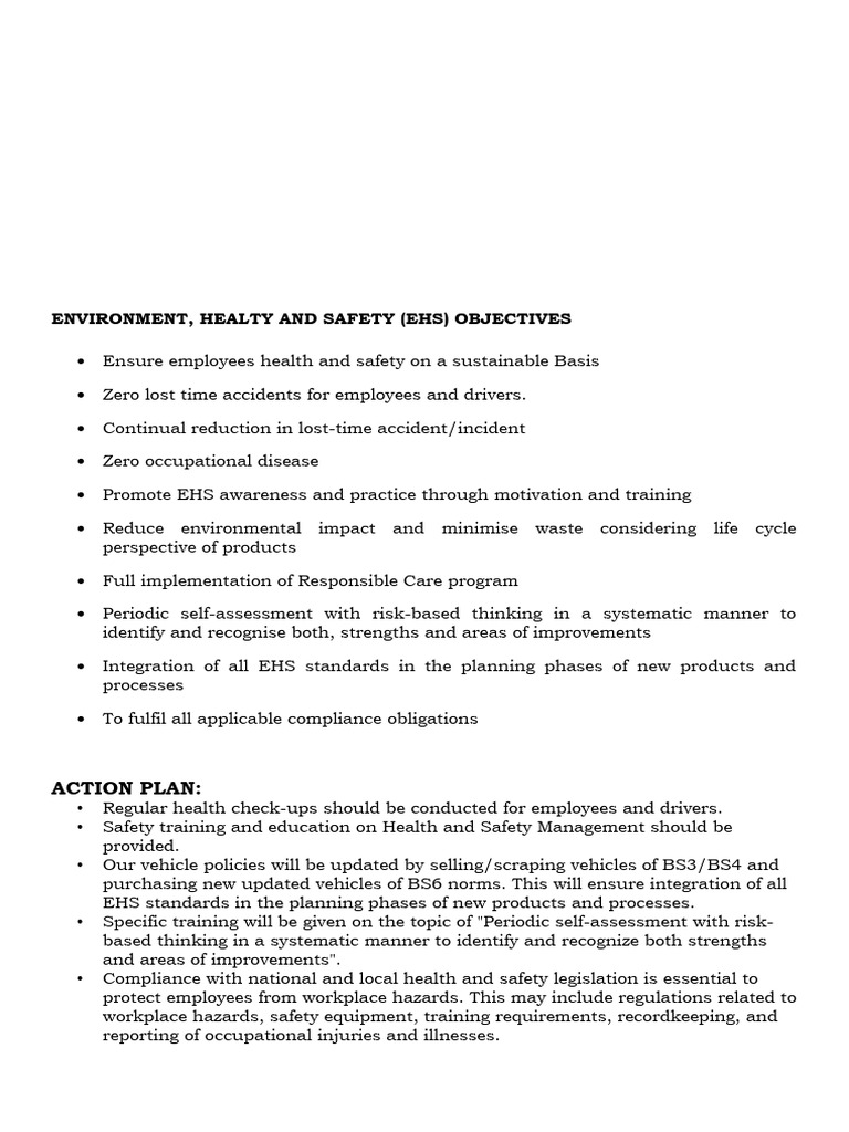 Environment Health and Safety (EHS) POLICY & Objectives (EHS) | PDF