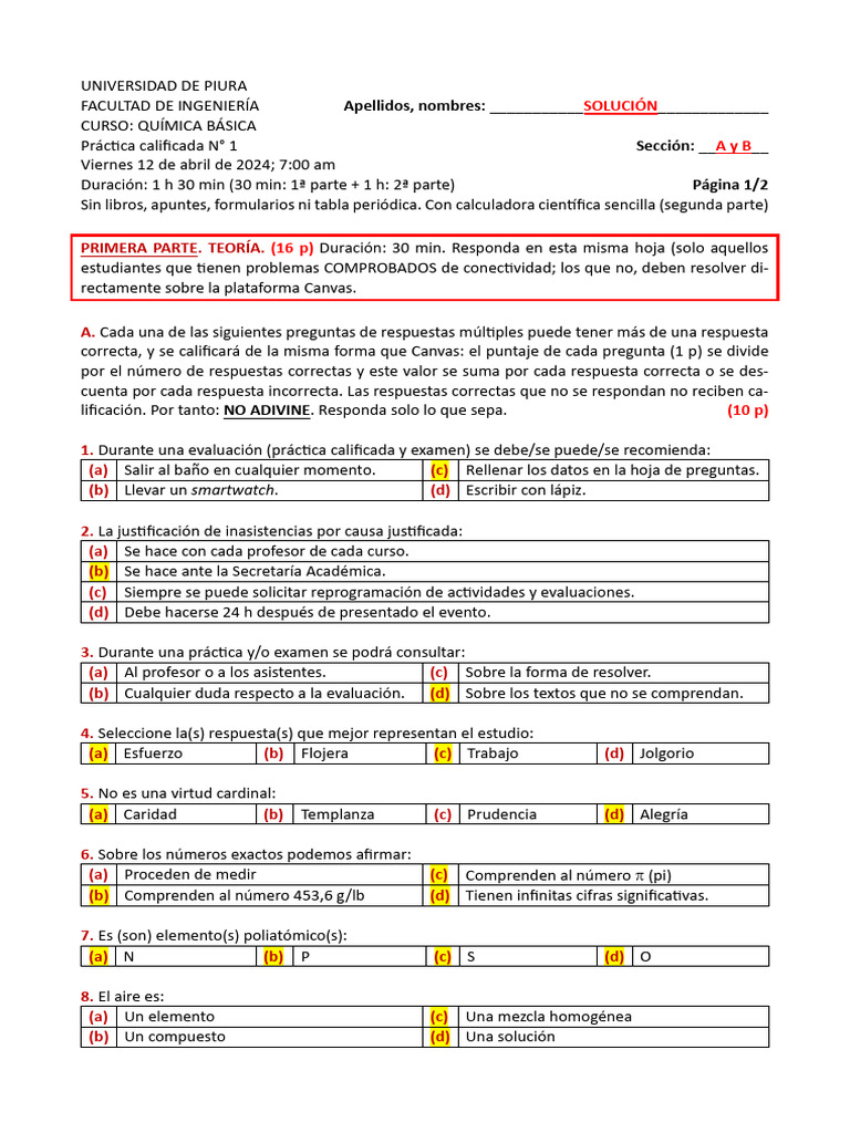 QB0 2024-I PC 1 Solución | Descargar gratis PDF | Vapor de agua | Ciencias de la Tierra