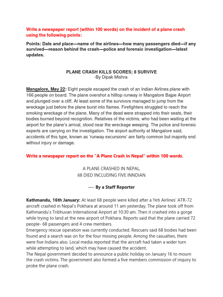 Write A Newspaper Report | PDF | Aviation Accidents And Incidents ...