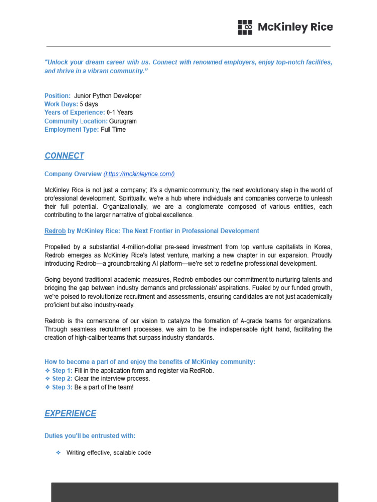 Fresher - McKinleyRice Junior Python Developer - JD | PDF | Amazon Web Services | Agile Software ...