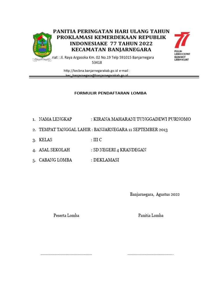Formulir Pendaftaran Lomba 17 Agustus | PDF Formulir Pendaftaran Lomba 17 Agustus | PDF
