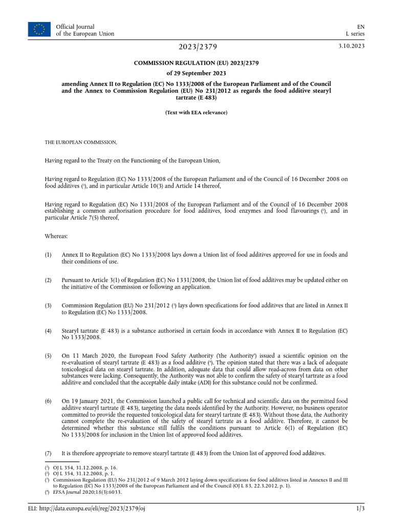 EU Regulation Removes Food Additive E 483 | PDF | European Commission ...