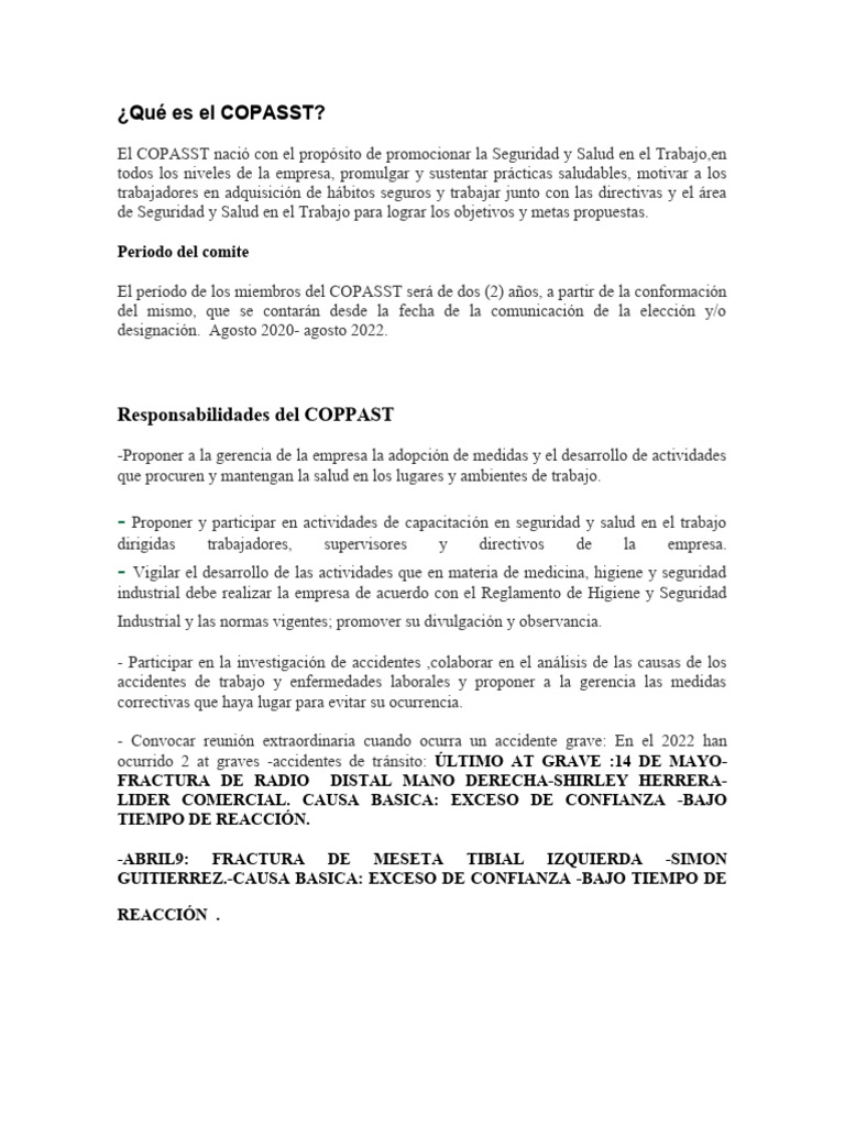 Funciones y Responsabilidades del COPASST | PDF | Business | Higiene