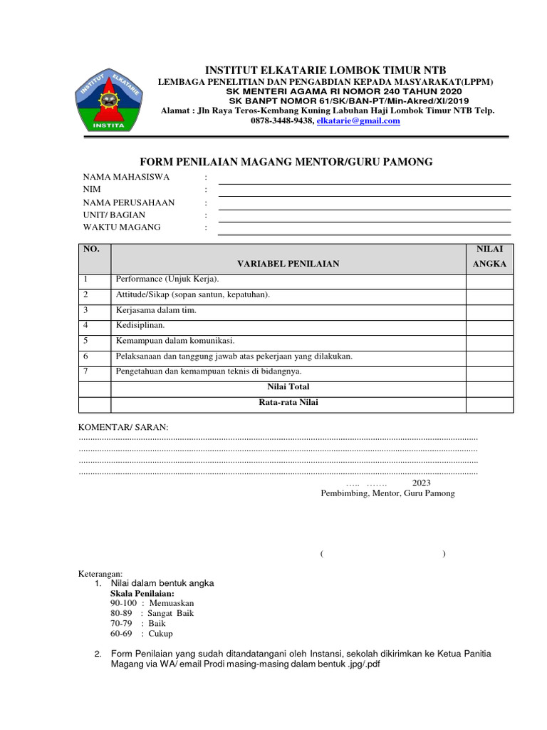 Lembar - Penilaian - Magang Mentor Guru Pamong DLL | PDF