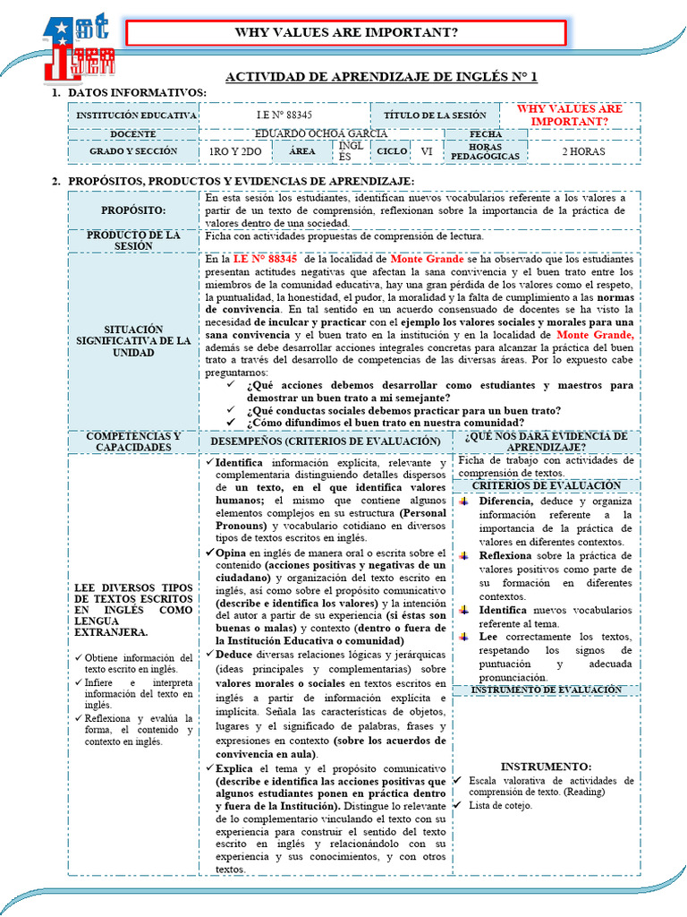 SESIÓN O ACTIVIDAD DE APRENDIZAJE N°1-_-UNIDAD 1 -1ER y 2DO GRADO | PDF | Evaluación | Aprendizaje