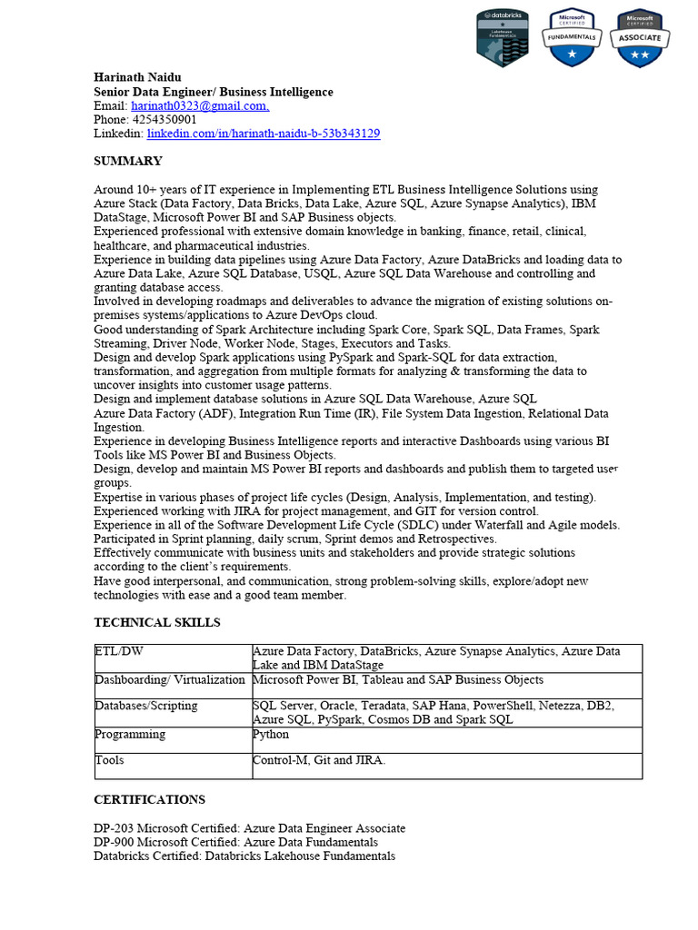 Harinath Data Engineer | PDF | Microsoft Azure | Apache Spark