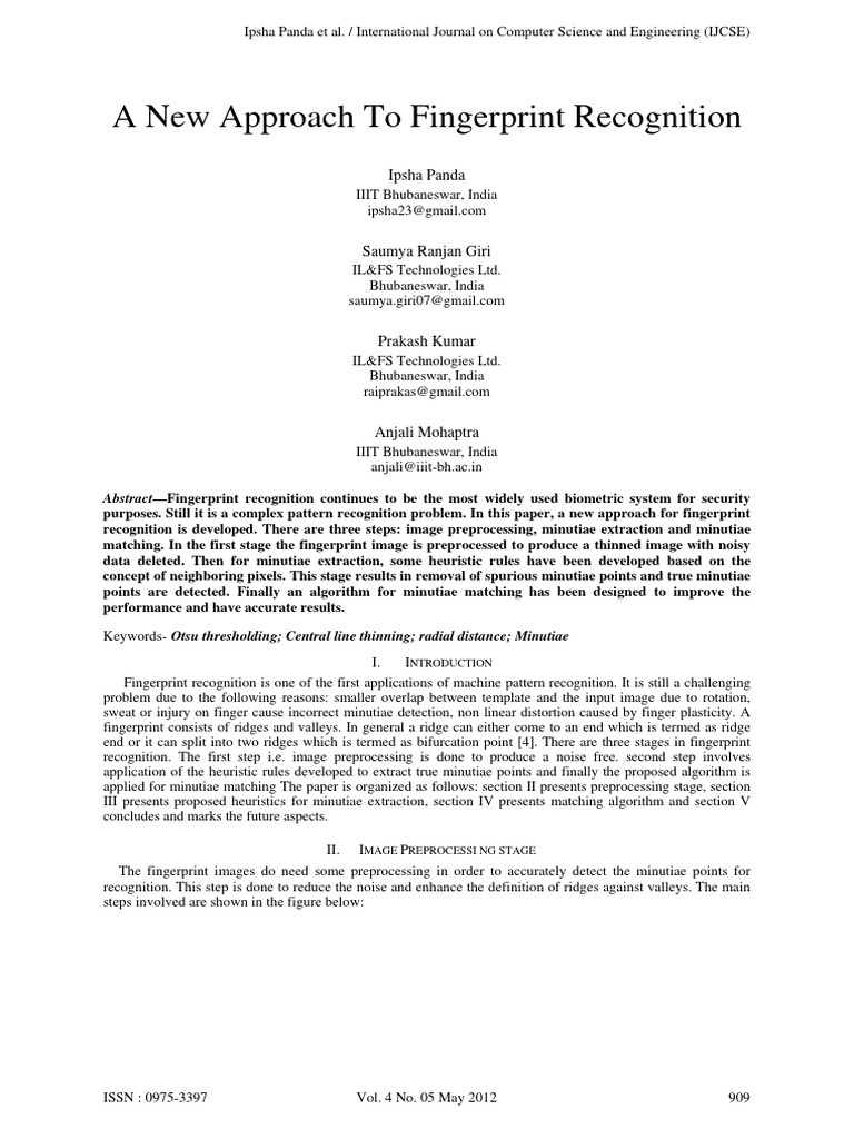A New Approach To Fingerprint Recognition Pdf Fingerprint Algorithms