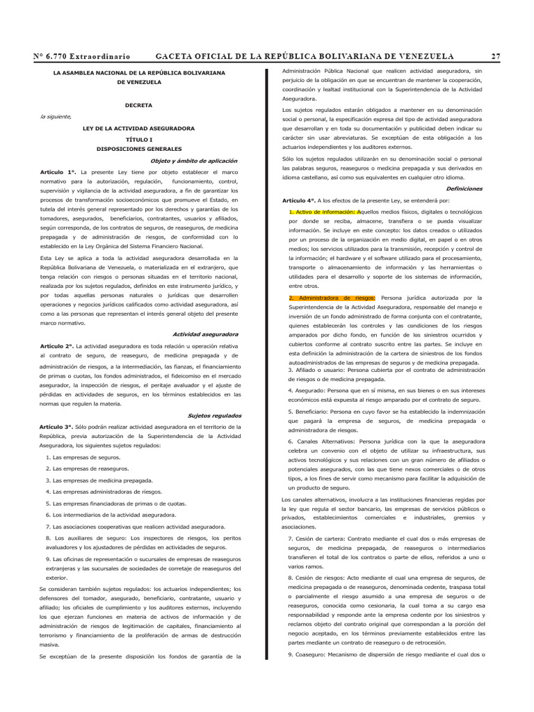 Ley de Actividad Aseguradora en Venezuela | PDF | Seguro | Reaseguro