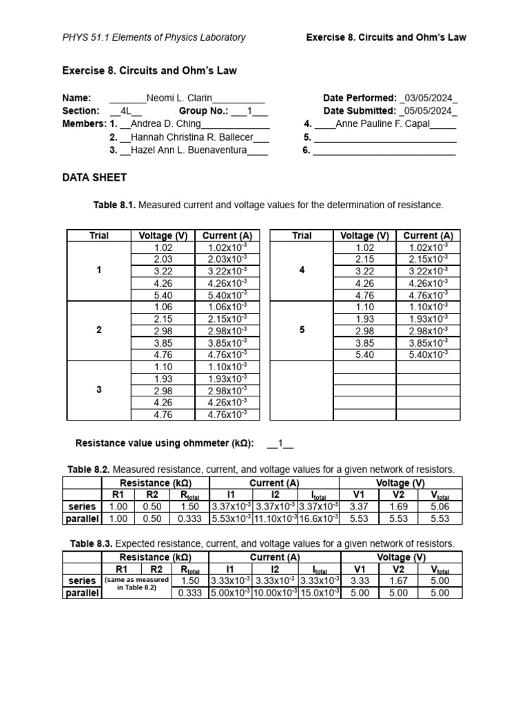 Clarin - PHYS 51.1 4L Exercise 8 | Download Free PDF | Series And Parallel Circuits | Electrical ...