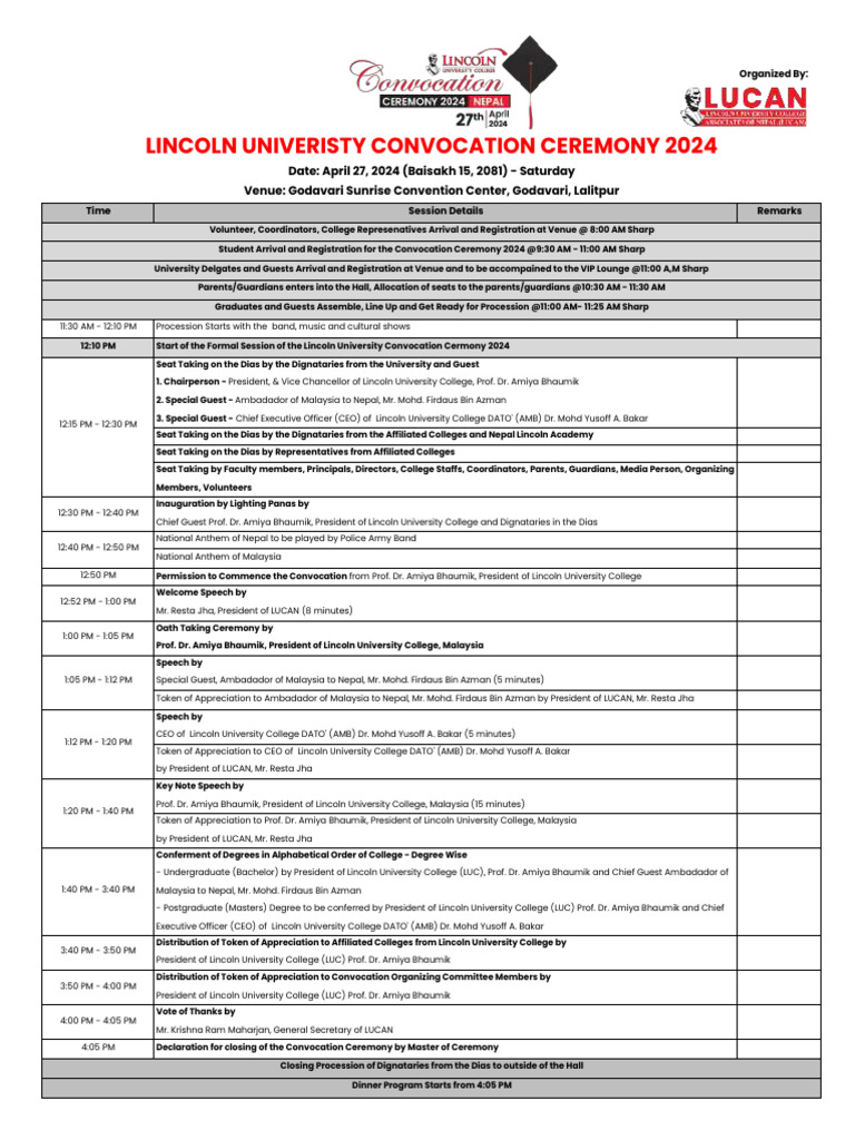 Schedule - 6th Lincoln University Convocation Ceremony 2024 | PDF