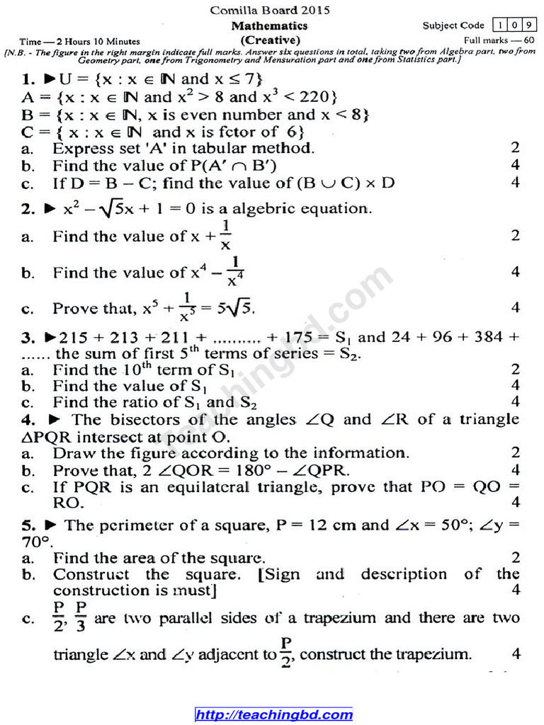 Ev Mathematics Question 2015 Comilla Board | PDF | Career & Growth