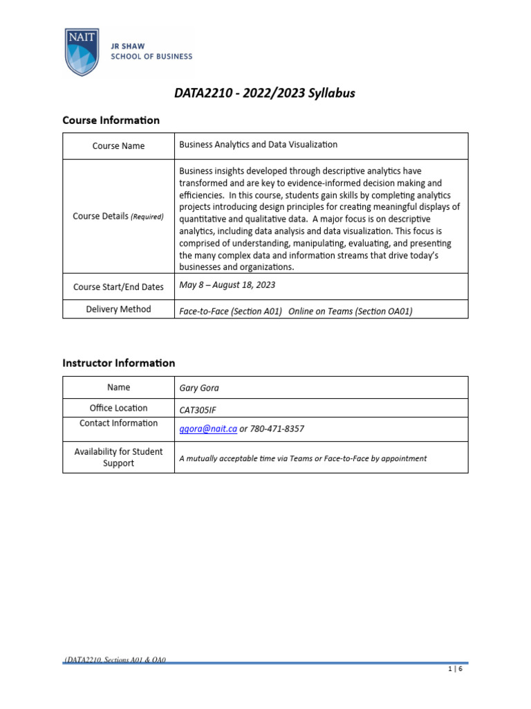 DATA2210 - Course Syllabus - 2022-23 Filled - Spring 2023 | PDF | Computing