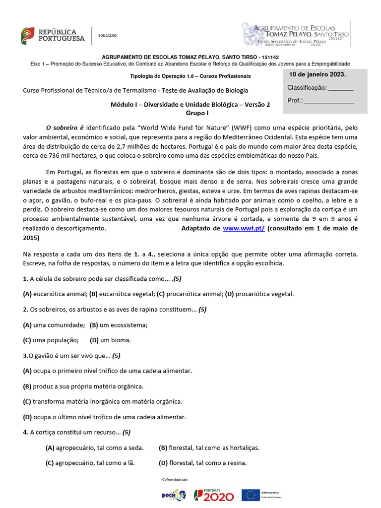 1ºteste Módulo A1 V2 2023word | PDF | Célula (Biologia) | Citoplasma