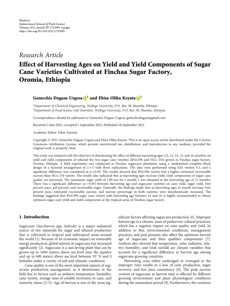 Effect of Harvesting Ages On Yield and Yield Components of Sugar Cane ...