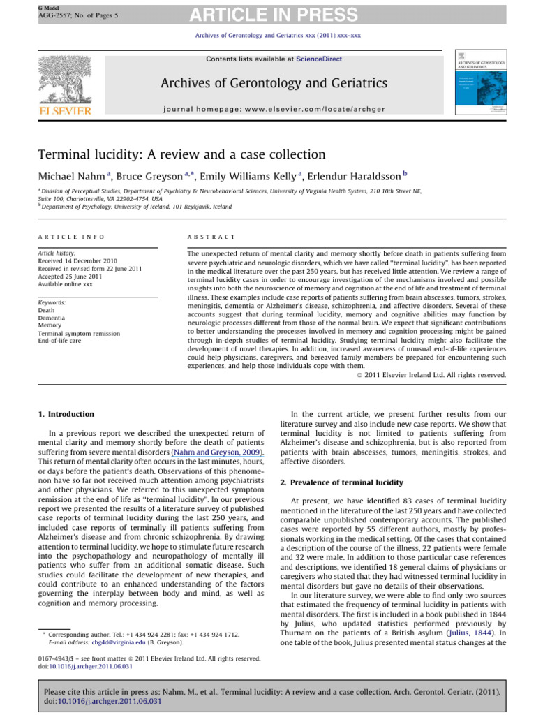 Terminal Lucidity A Review and A Case Co | PDF | Dementia | Mental Disorder