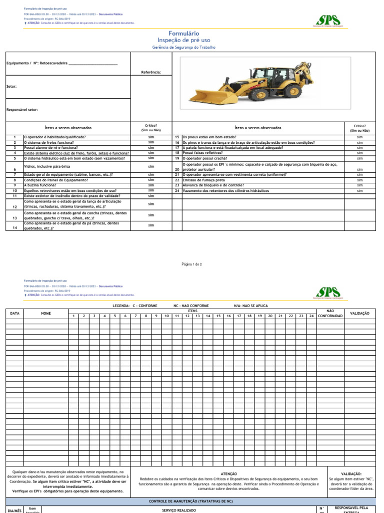 SPS_Check-List_FOR-SMA-0065 - PRÉ USO RETROESCAVADEIRA | PDF