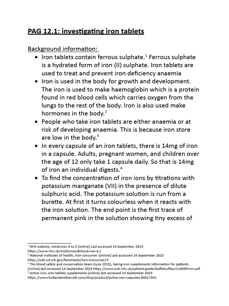 PAG 12.1: Investigating Iron Tablets | PDF | Iron | Chemical Compounds