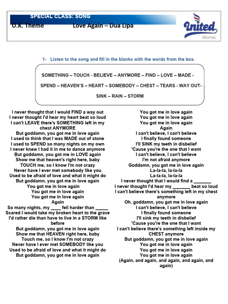 Song Class - Love Again Dua Lipa STUDENTS | PDF