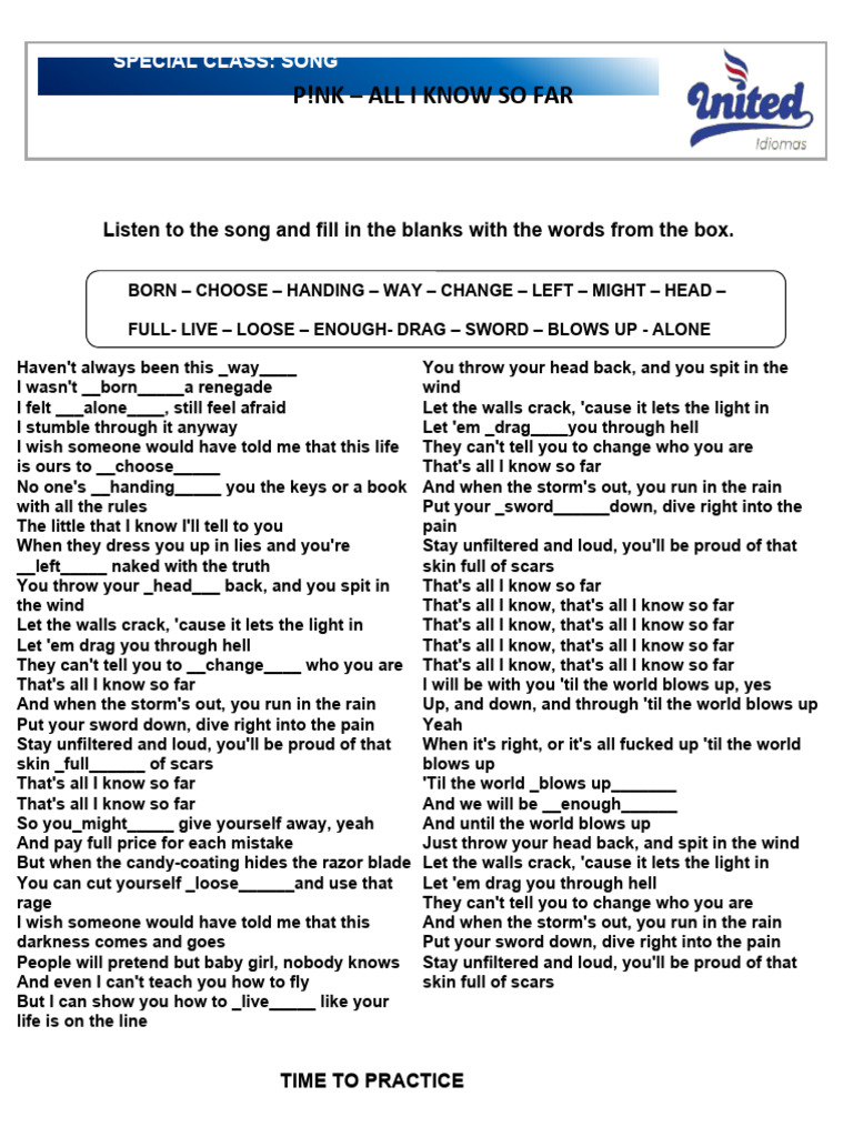 Song Class - All I Know So Far - Pink STUDENTS | PDF | Verb | Language ...