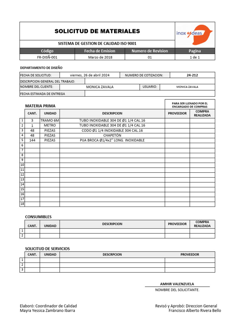 Solicitud de Materiales Cotización 24-212 Pasa Manos | PDF