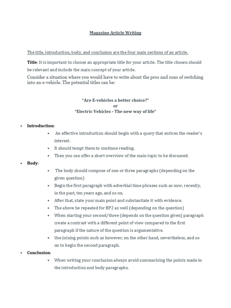 Magazine Article Writing Guide | PDF | Electric Vehicle | Electric Car